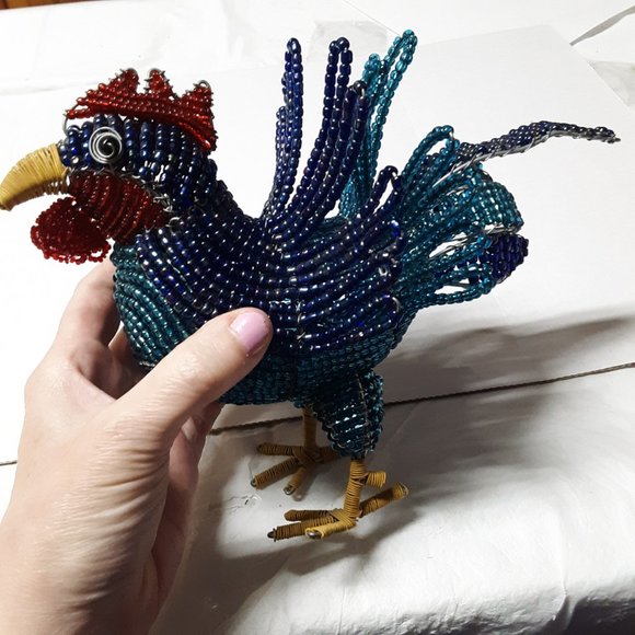 Grass Roots | Art | Glass Bead Wire Rooster Sculpture Figure Blue Red ...